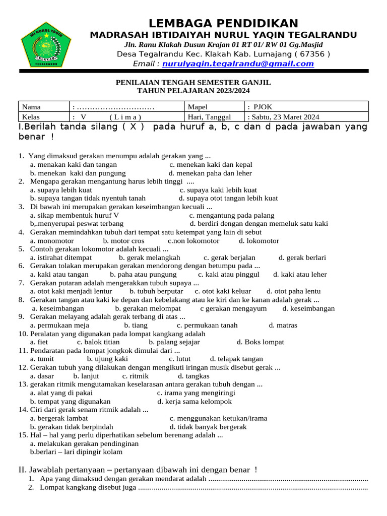 Soal UTS Kls V PJOK SMTR II 2024 | PDF