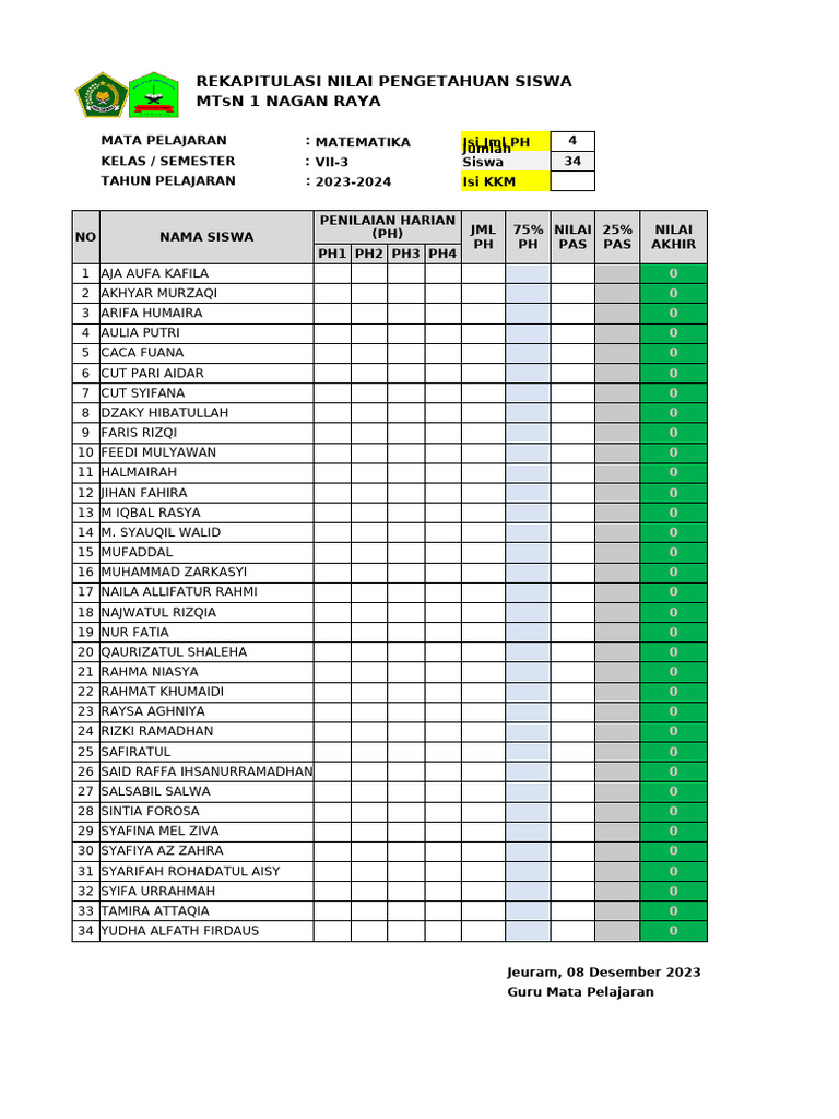Templat Mengolah Nilai Matematika Kelas Vii-3 - 2023 | PDF