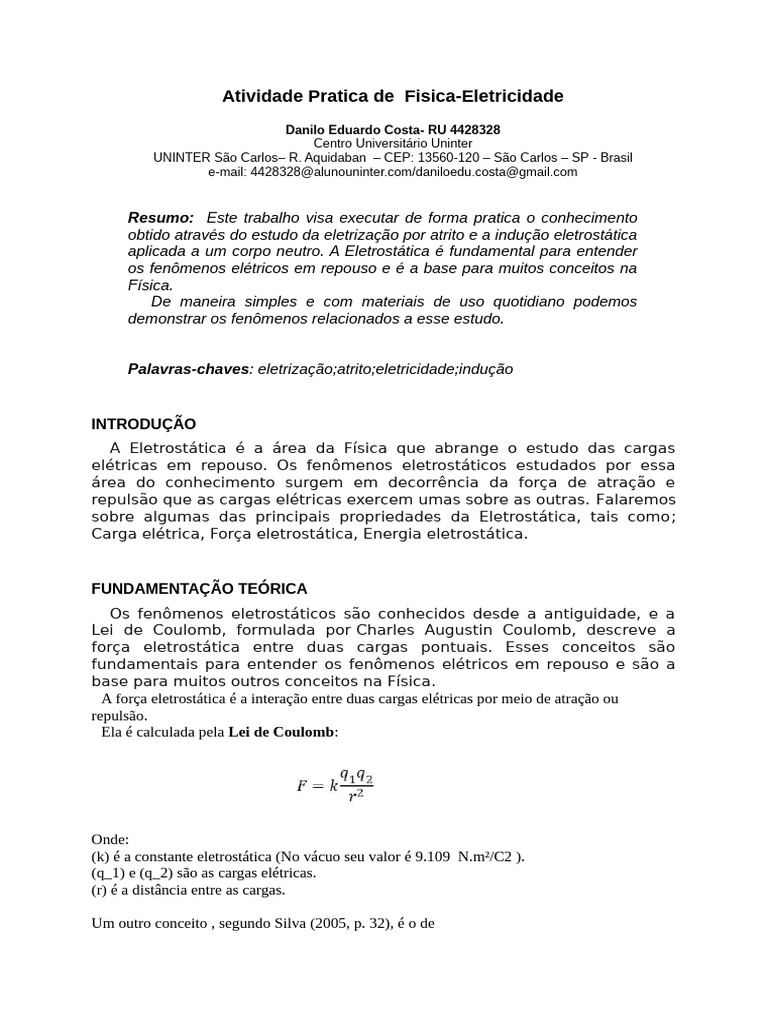 Modelo de Relatorio 2 em | PDF | Eletrostática | Carga elétrica