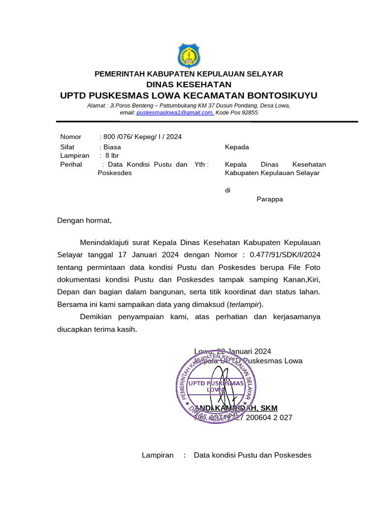 Surat Data Pustu-Poskesdes | PDF