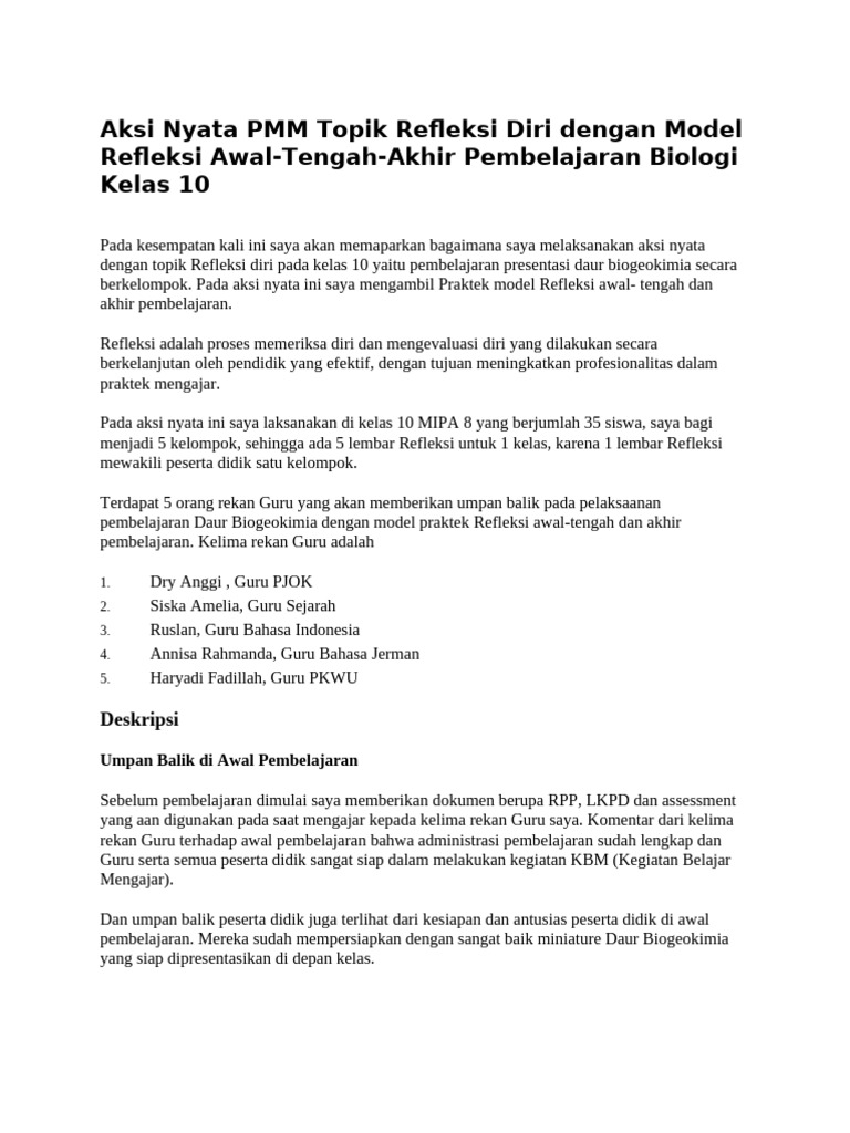 Aksi Nyata PMM Topik Refleksi Diri Dengan Model Refleksi Awal | PDF