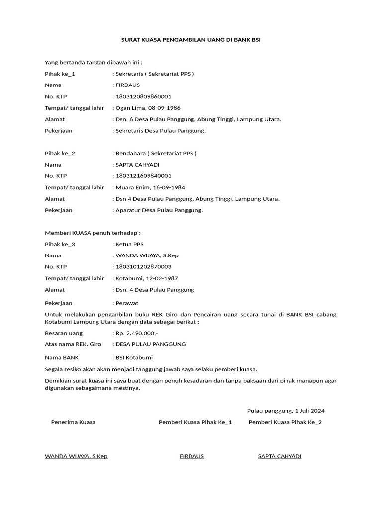 contoh SURAT KUASA PENGAMBILAN UANG DI BANK BSI | PDF