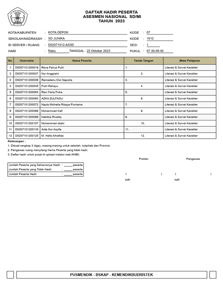 Daftar Hadir Siswa Anbk 2023 h1 | PDF
