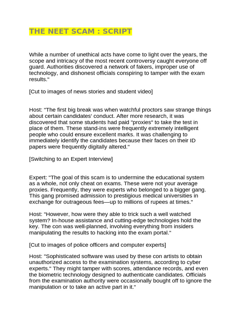 Neet Scam Script Final | PDF