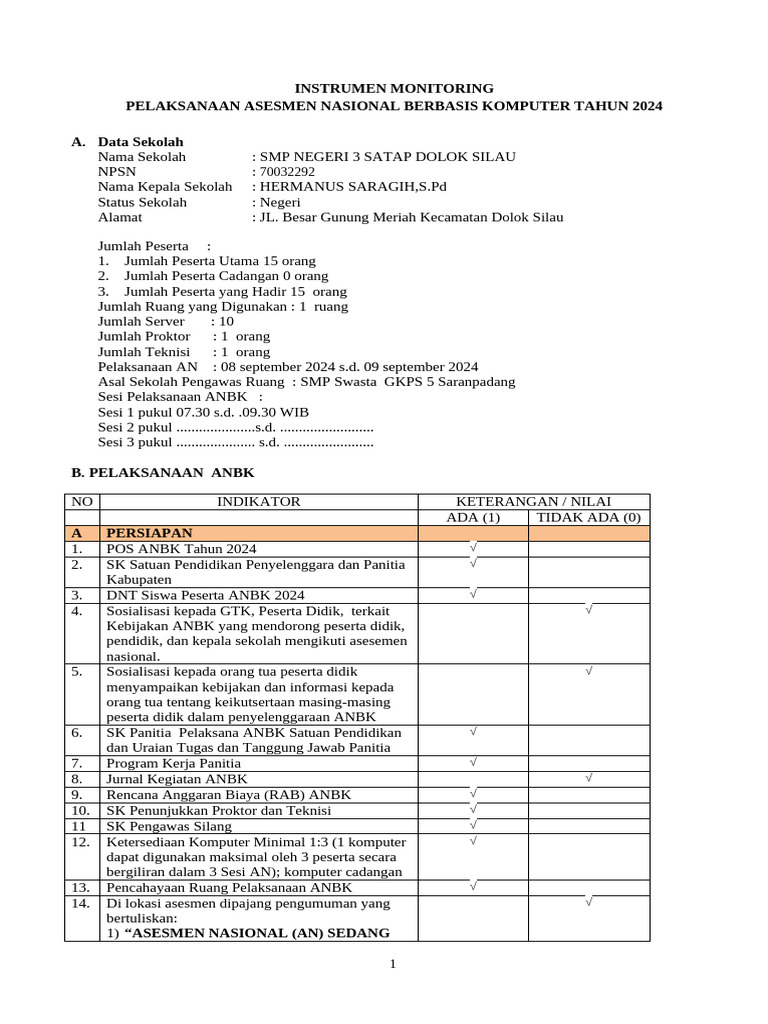 Instrumen Monev ANBK Pengawas Pembina Tahun 2024 SMP 3 Satap | PDF