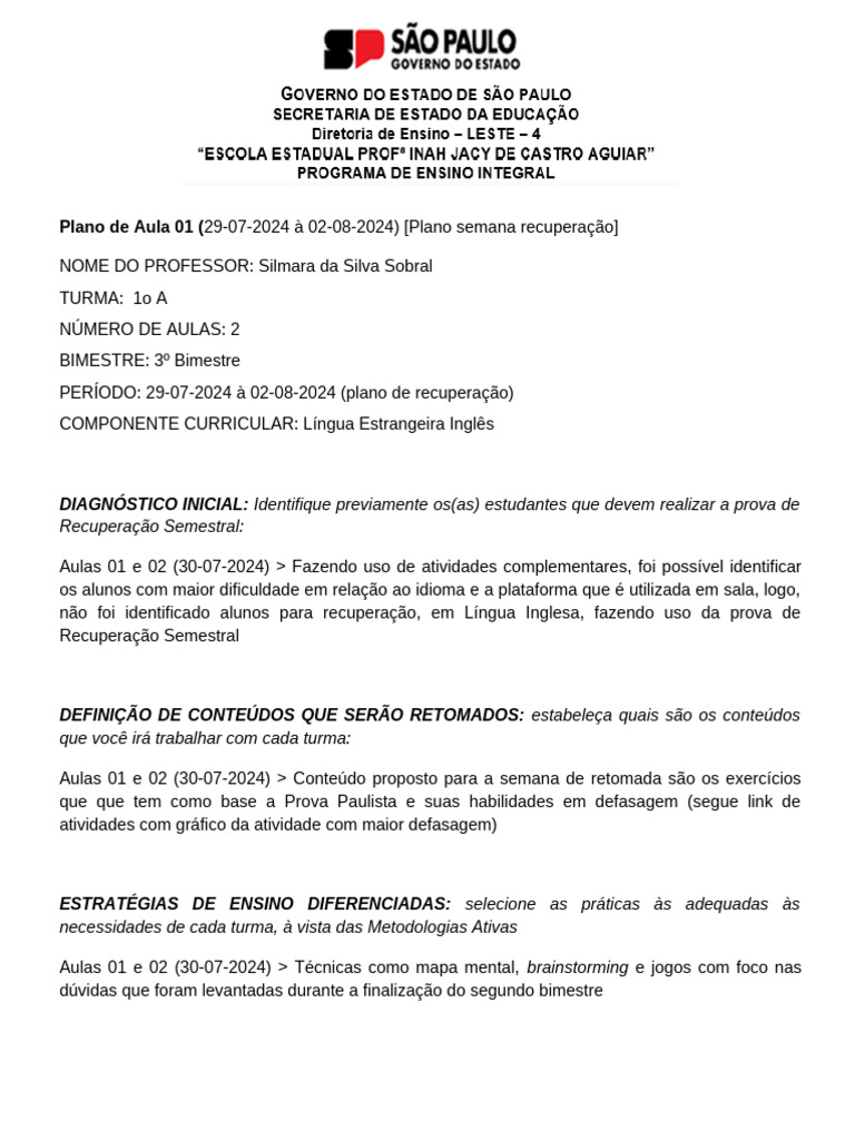 1oa - Plano 3o Bimestre | PDF