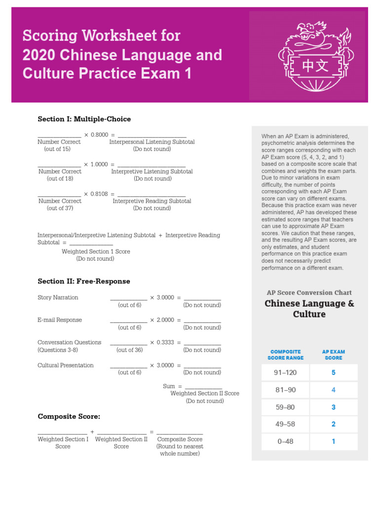 AP Chinese Language and Culture 2020 Practice Exam 1 Scoring Worksheet ...