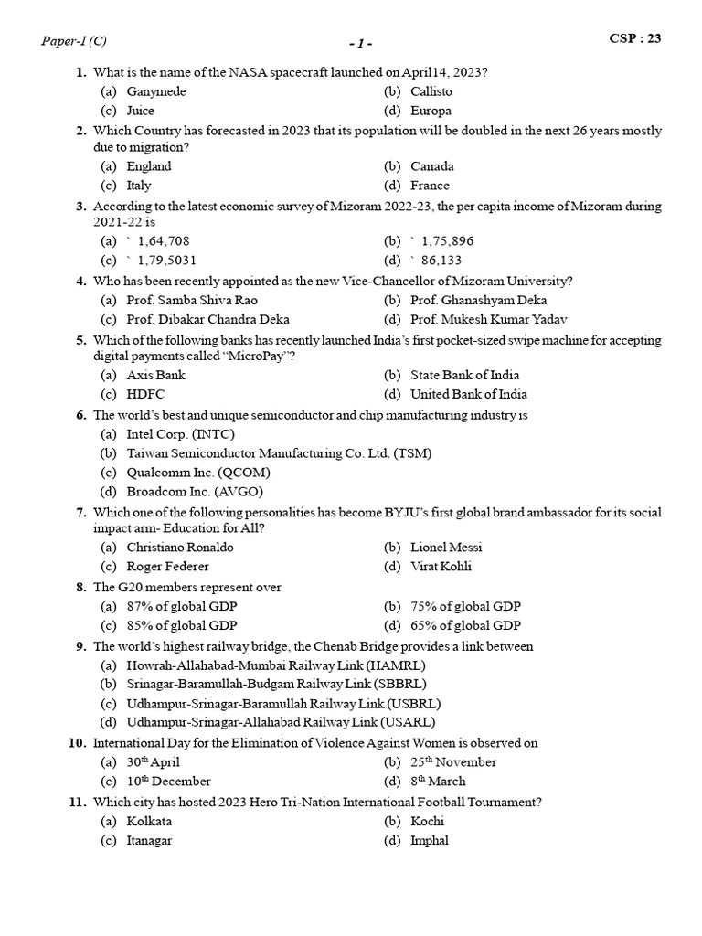 Mcs Combined 2023 Preliminary Exam Paper I Series C | PDF