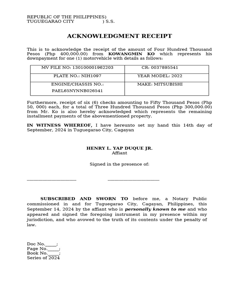 Notarized Acknowledgment Receipt for Vehicle | PDF | Finance & Money ...