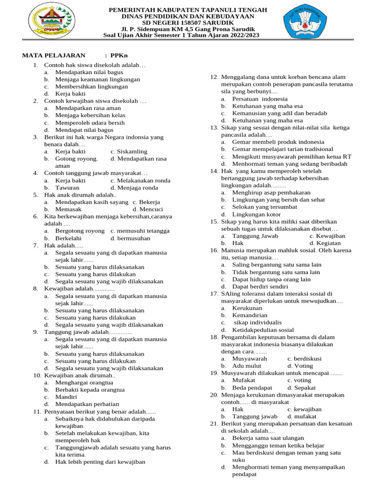 PPKN Kls 5 Uas Semester 1 | PDF