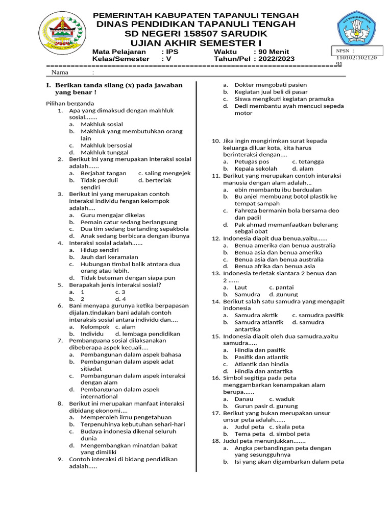 Soal Ips UTS SEM 1 KLS 5 Fix | PDF