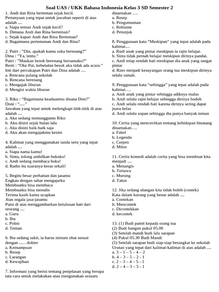 Soal UKK KELAS 3 BINDO | PDF