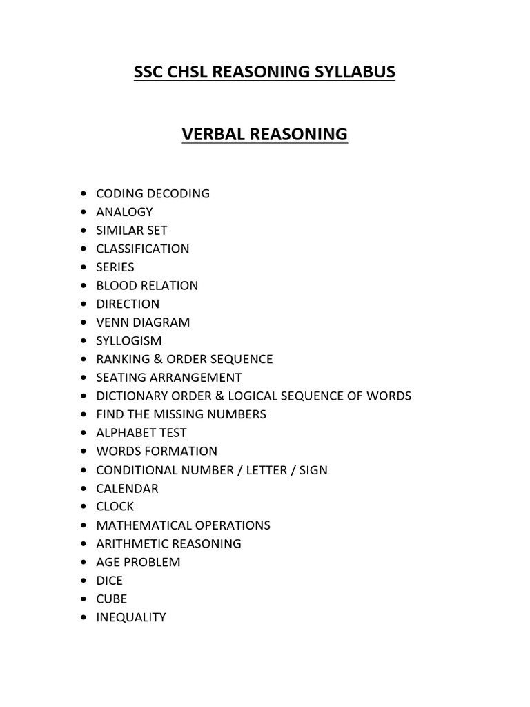 SSC CHSL Reasoning Syllabus | PDF