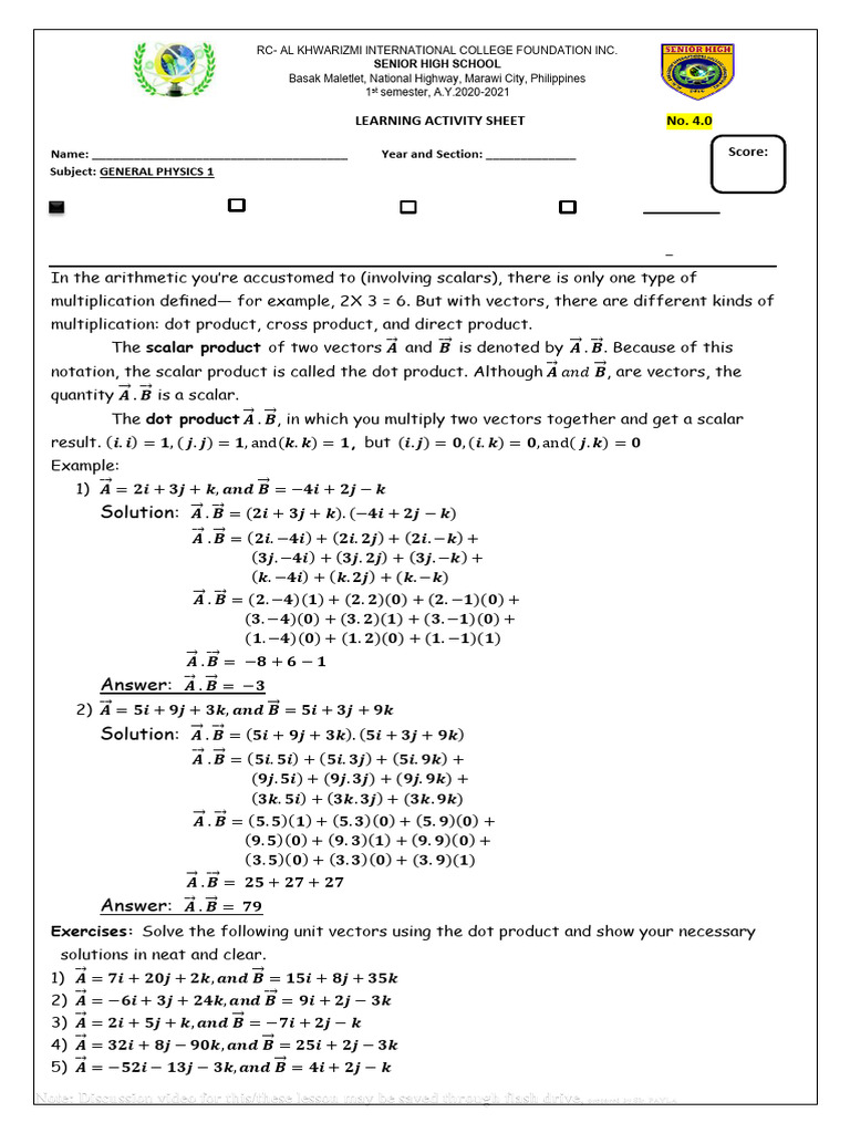 Dot Product of Vectors Activity Sheet | PDF | Multiplication ...