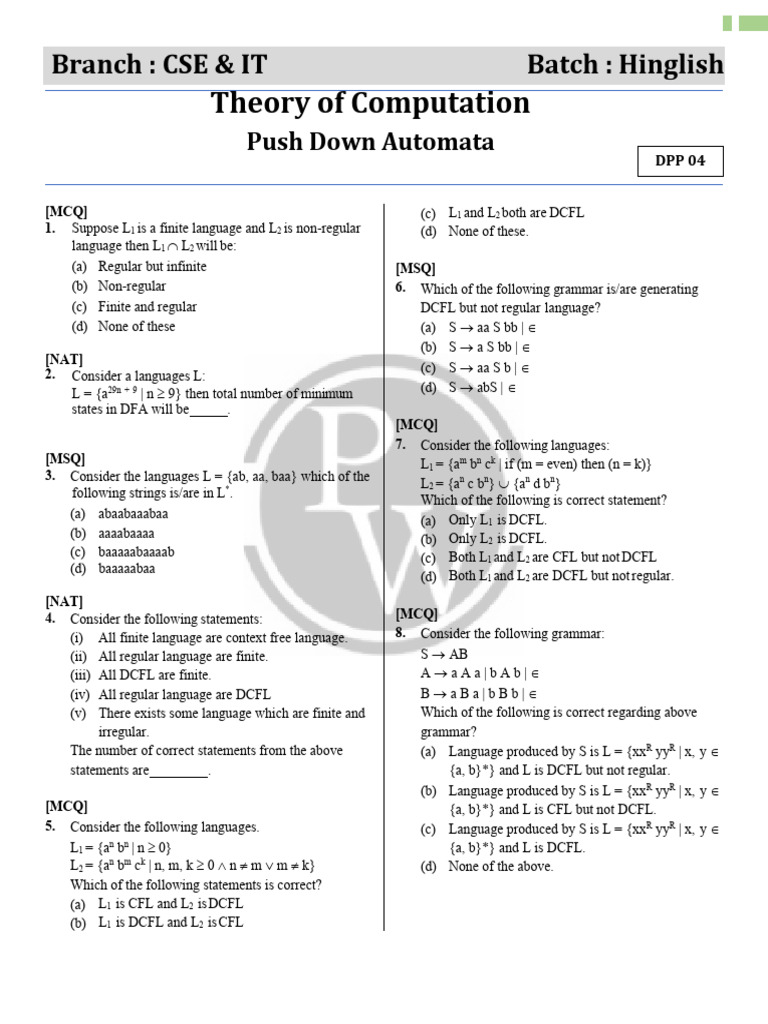 Push Down Automata - DPP 04 (Of Lec 06) (Theory of Computation) | PDF