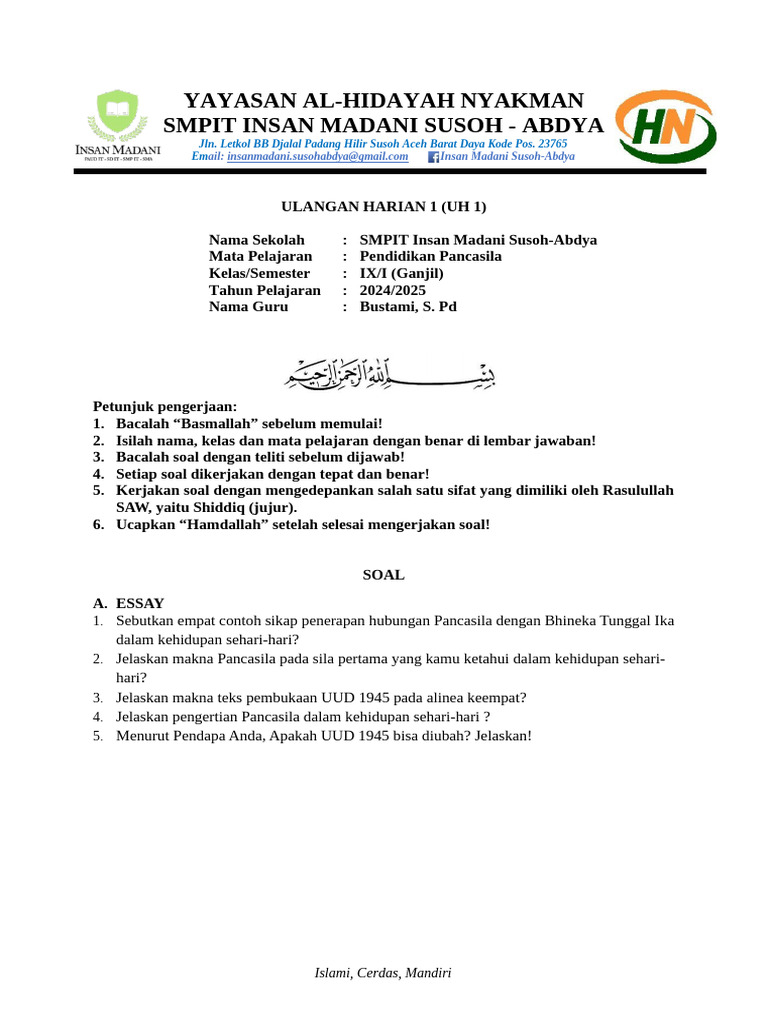Soal UH1 PKN Kelas IX - BM | PDF