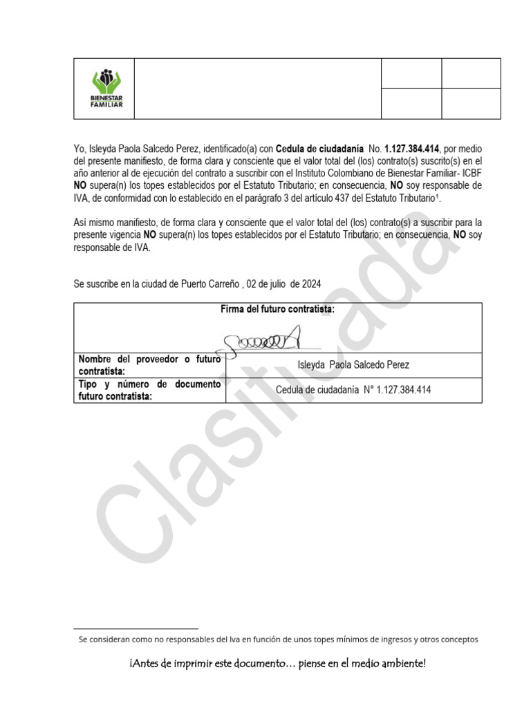 09 Formato de Manifestacion de Contribuyente Si Es o No Responsable Del ...