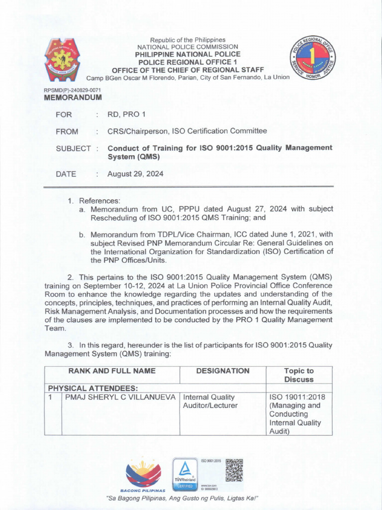 Memo Conduct of ISO Training | PDF