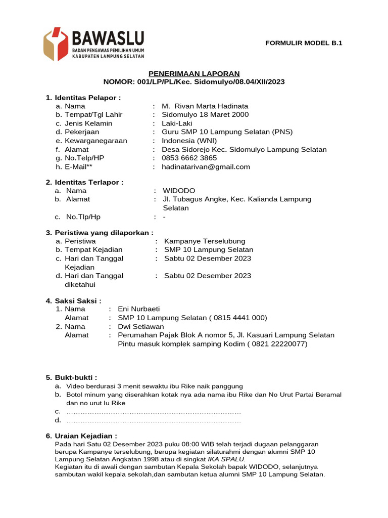 FORMULIR MODEL B. 1 (PENERIMAAN LAPORAN) | PDF