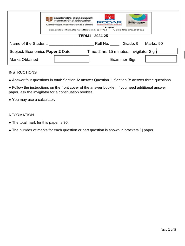 Question Paper Term 1 Paper 2 2024-2025 | PDF