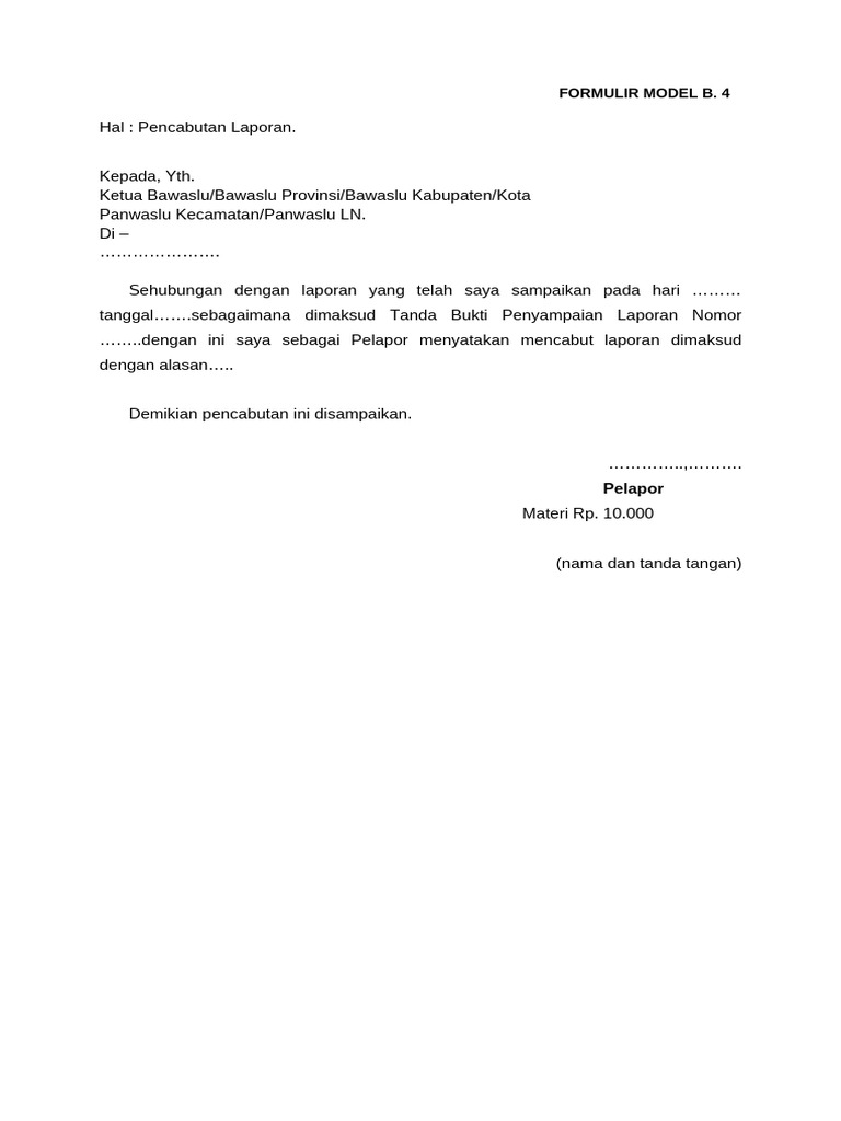 Formulir Model B. 4 (Pencabutan Laporan) | PDF