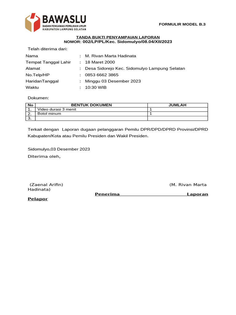 FORMULIR MODEL B. 3 (TANDA BUKTI PENYAMPAIAN LAPORAN) | PDF FORMULIR MODEL B. 3 (TANDA BUKTI PENYAMPAIAN LAPORAN) | PDF