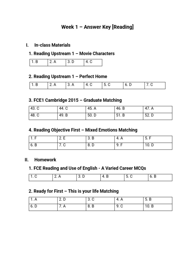 Week 1 – Answer Key [Reading] | PDF