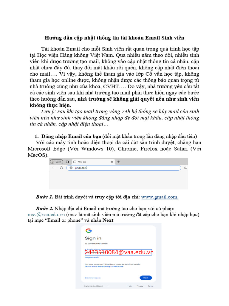 Huong Dan Cap Nhat Thong Tin Tai Khoan Email Sinh Vien 2 20240905101850 e | PDF
