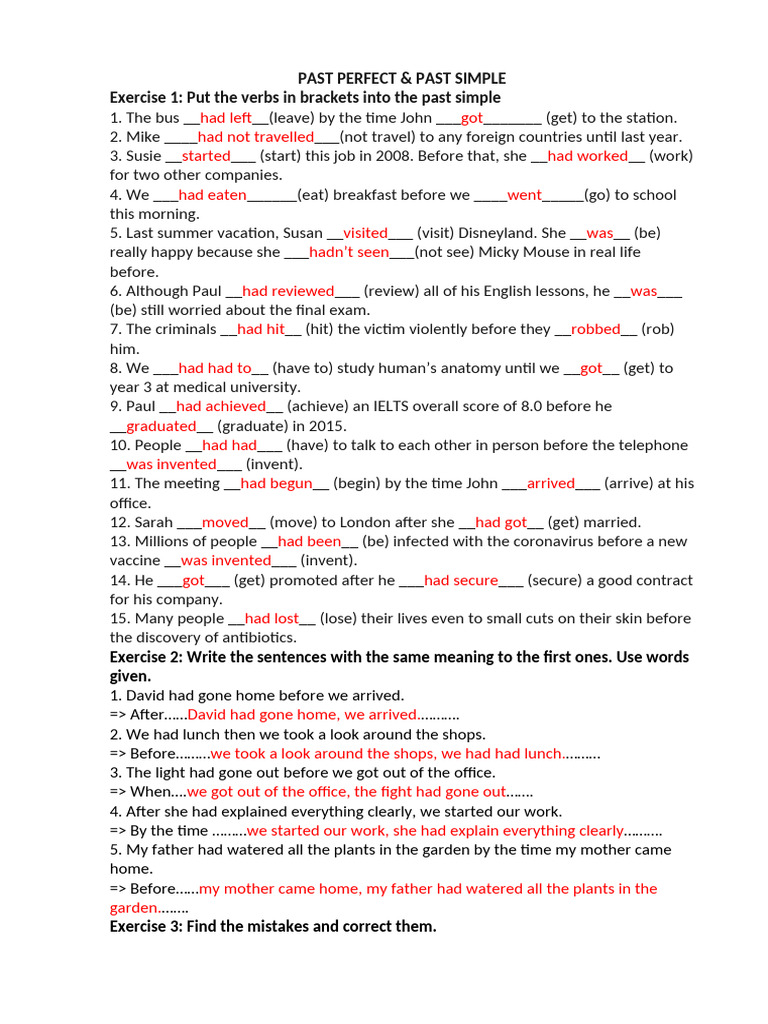 Past Perfect Past Simple - Exercises | PDF