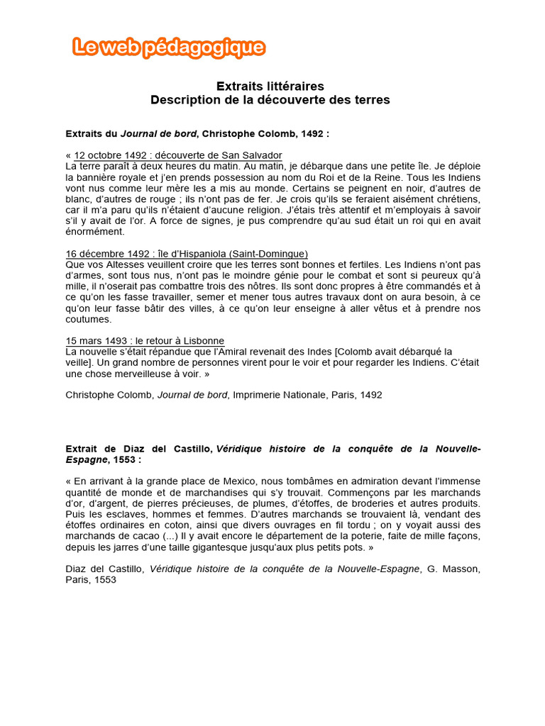 Extraits Litteraires Description de La Decouverte Des Terres | PDF