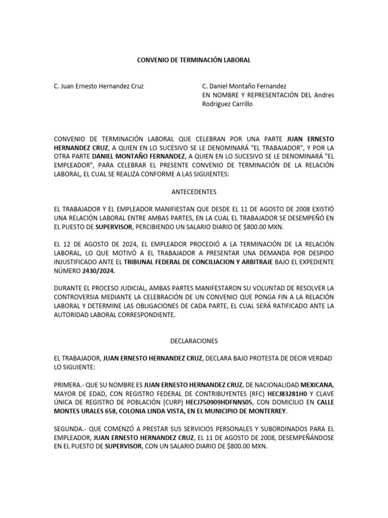 Contrato de Terminación Laboral | PDF