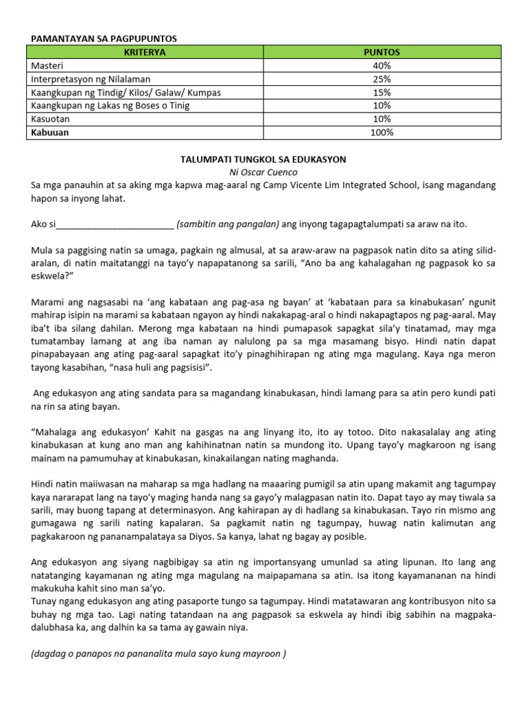 Talumpati para Sa Edukasyon | PDF
