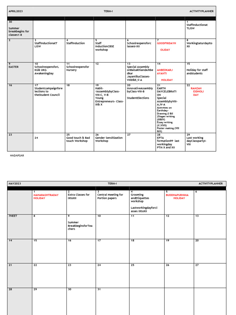 TLSH - Academic Planner - 2023-24 | PDF
