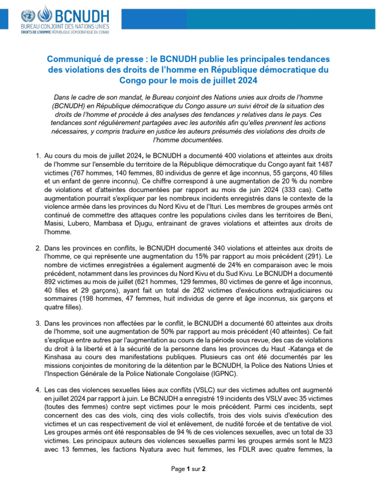 Bcnudh - Communique de Presse - Note Mensuelle Du Mois de Juillet 2024 ...