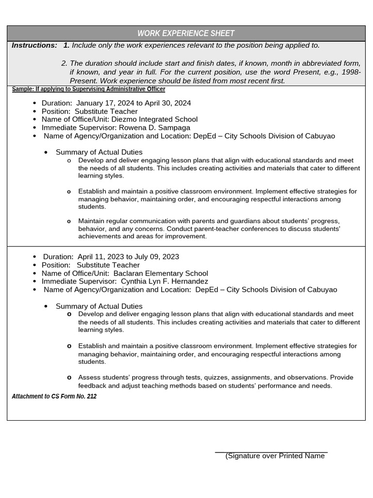 CS Form No. 212 Attachment - Work Experience Sheet | PDF | Teachers ...