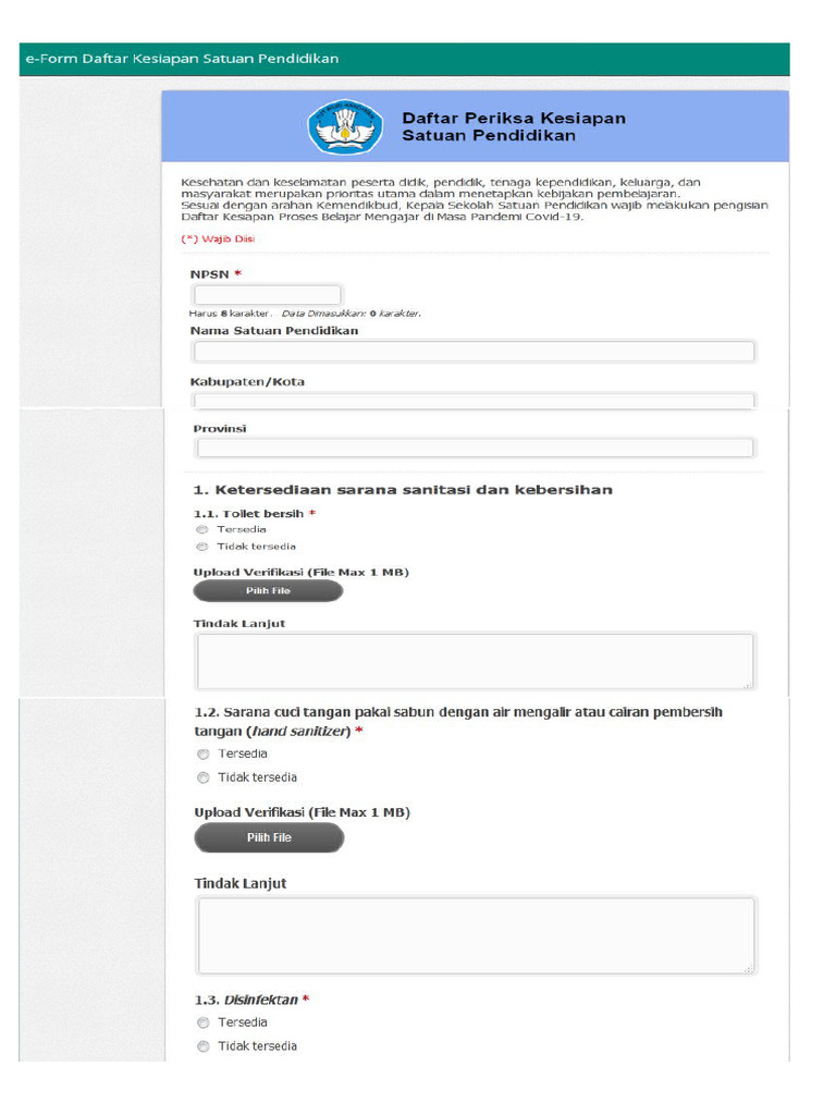 E-FORM DAFTAR KESIAPAN SATUAN PENDIDIKAN | PDF