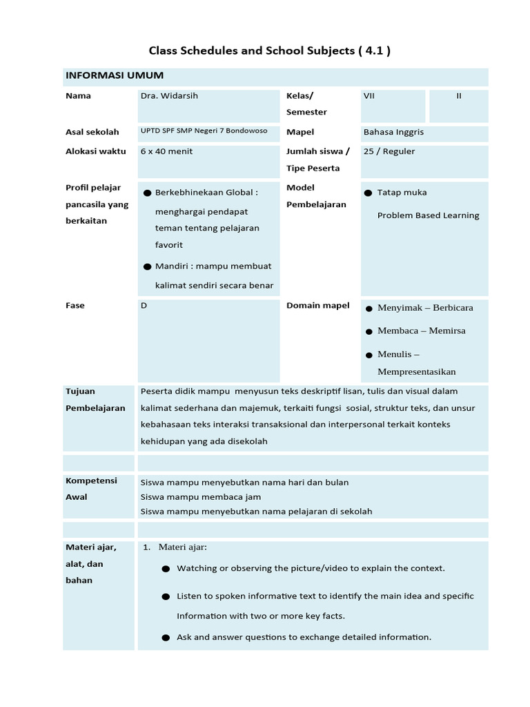 Class Schedules and School Subjects (4.1) : Informasi Umum | PDF ...