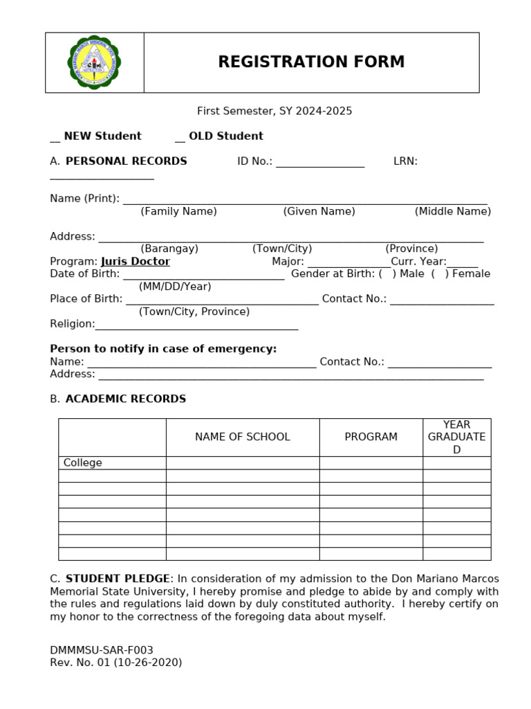 Sar F003 Registration Form | PDF