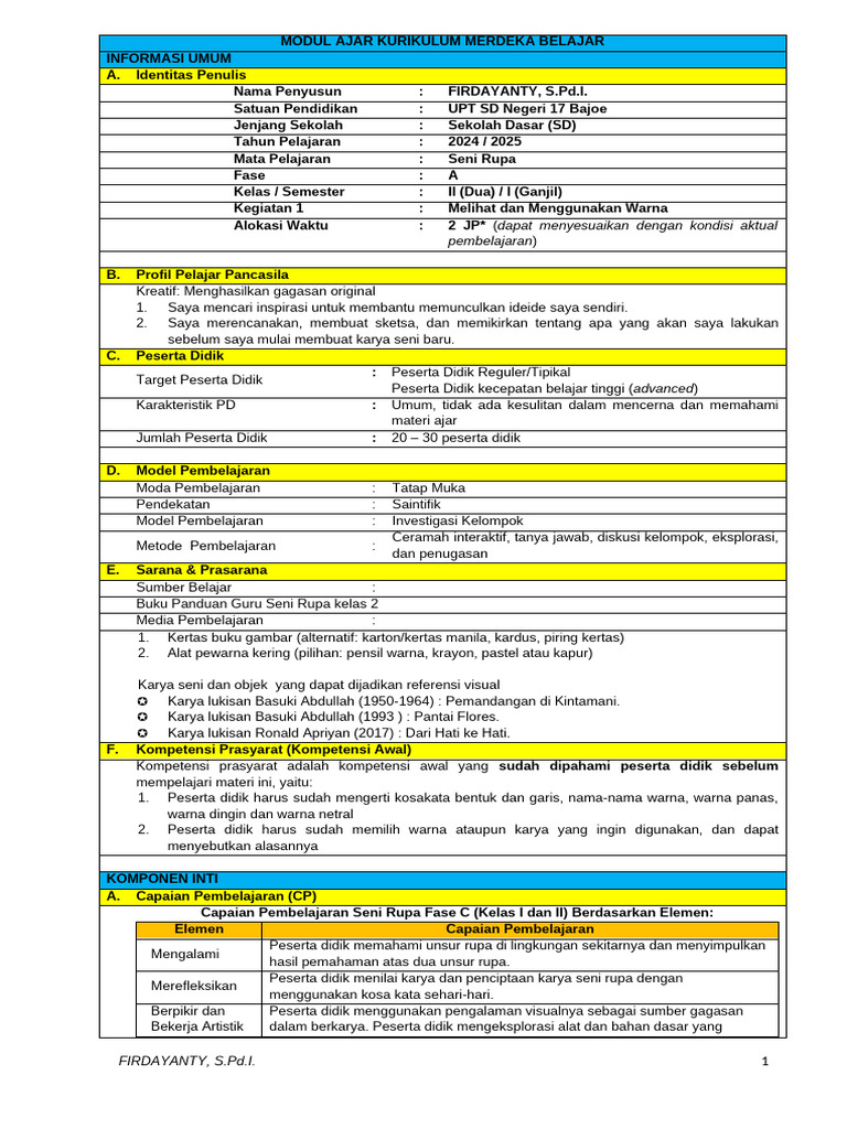 Modul Seni Rupa Kls 2 Sms 1 | PDF