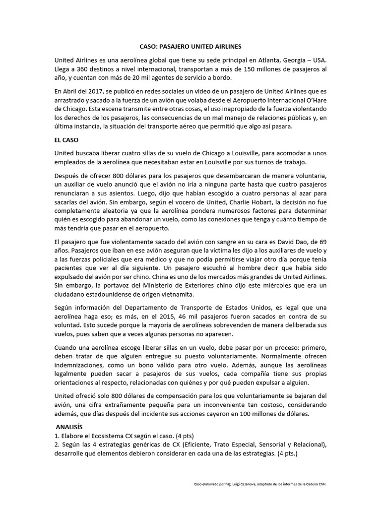 Caso Pasajero United Airlines - CX | PDF