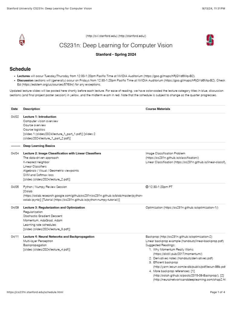 Stanford University CS231n: Deep Learning For Computer Vision Sched | PDF