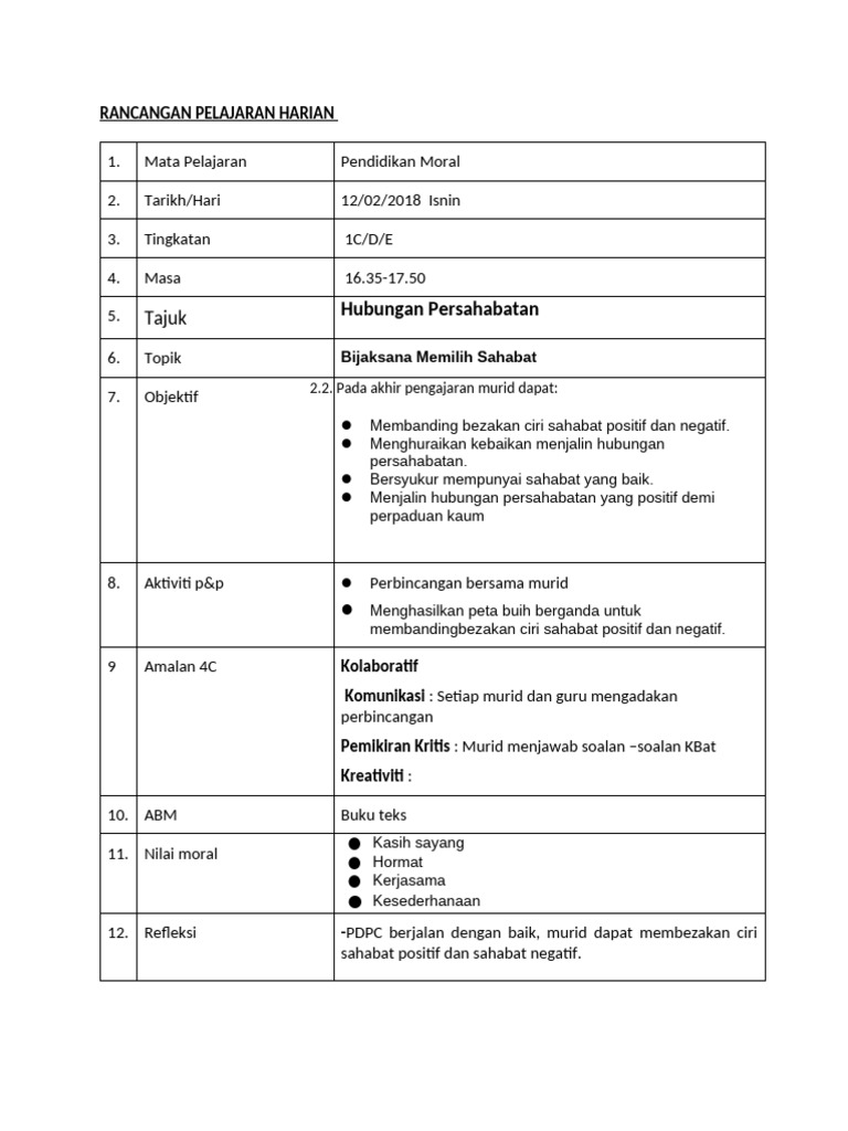 RPH P. MORAL TINGKATAN 1 | PDF