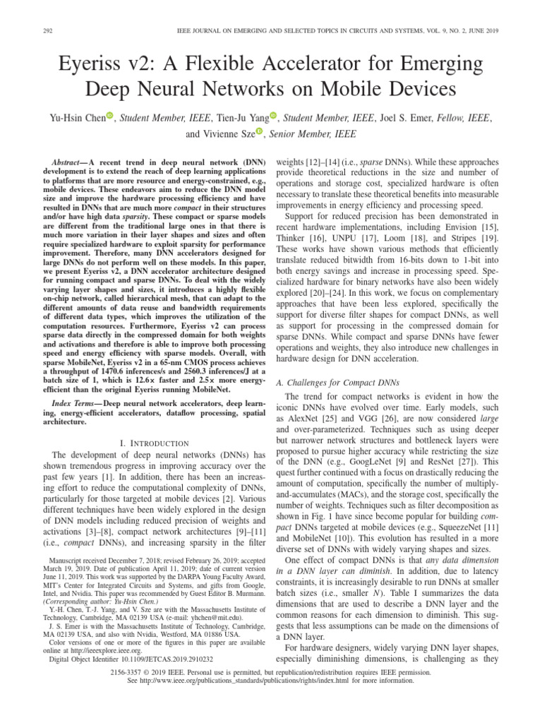 Eyeriss v2 - A Flexible Accelerator For Emerging Deep Neural Networks On Mobile Devices | PDF