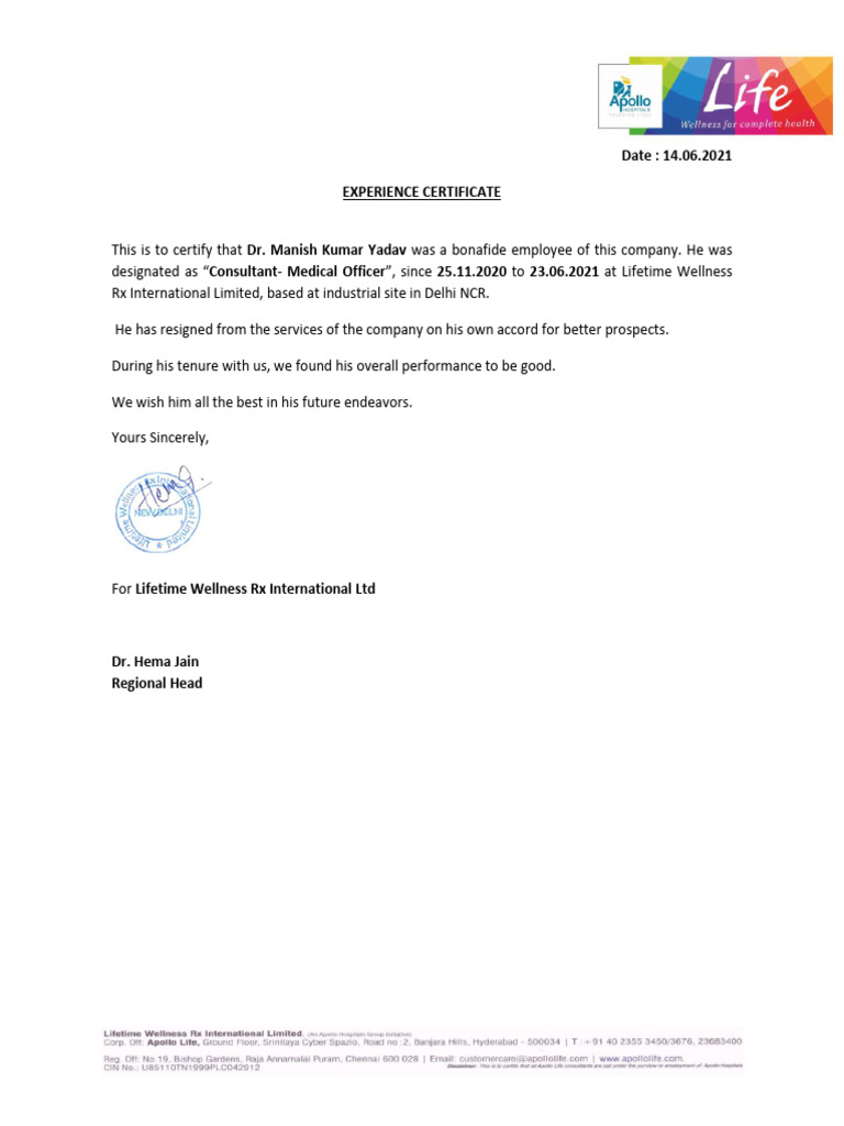 Experience Certificate Apollo | PDF