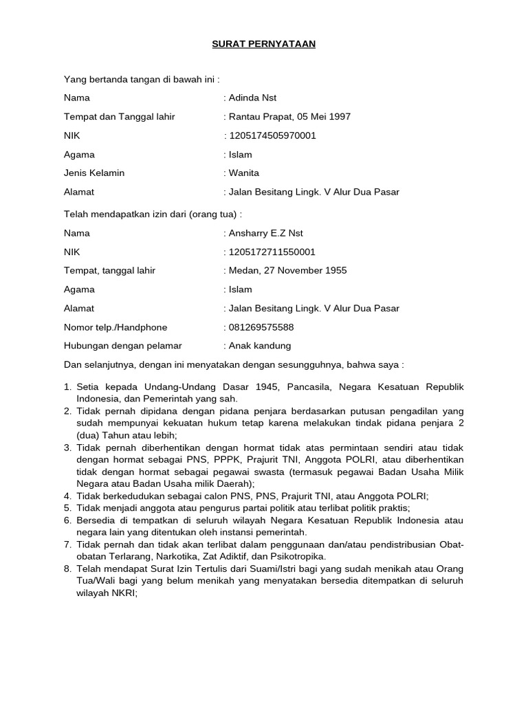 Surat Pernyataan Adinda NST2 | PDF