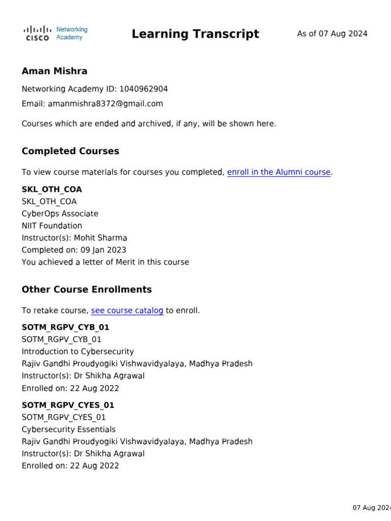 NetAcad Learning Transcript | PDF