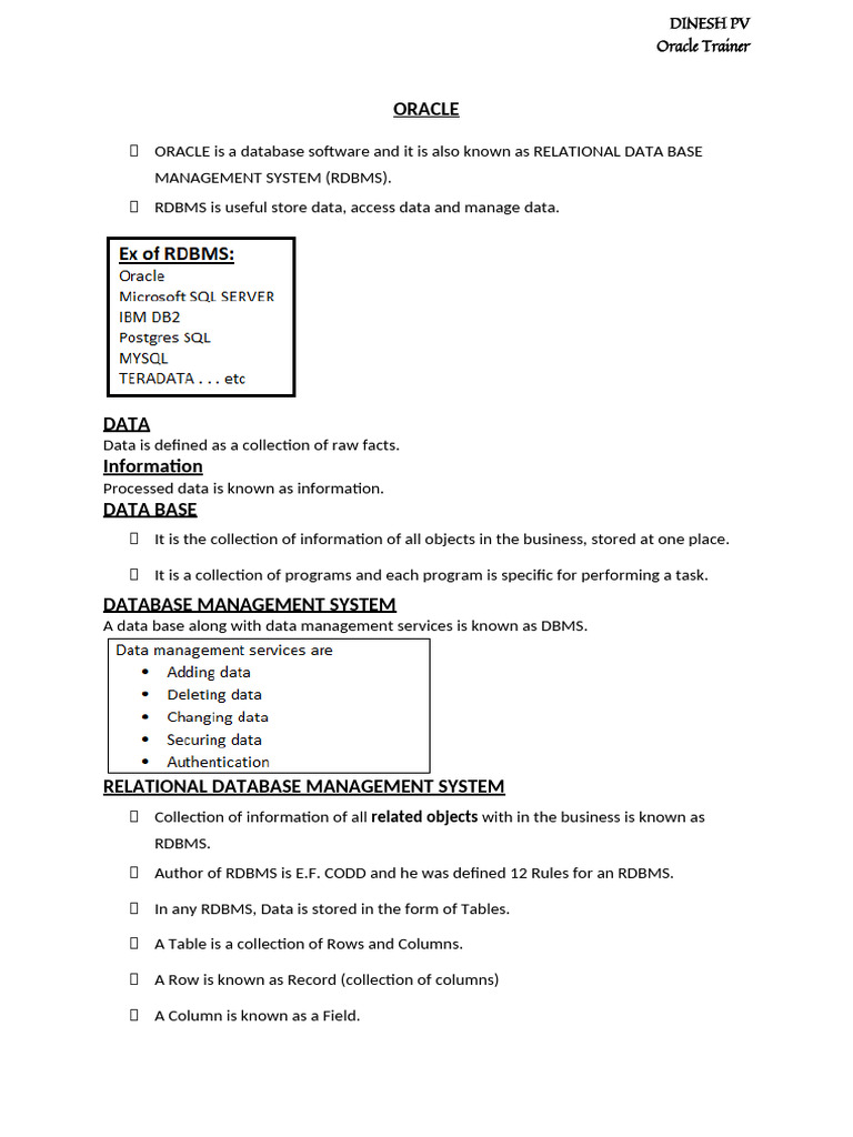 ORACLE NOTES - For - FULL STACK | PDF | Relational Database | Sql