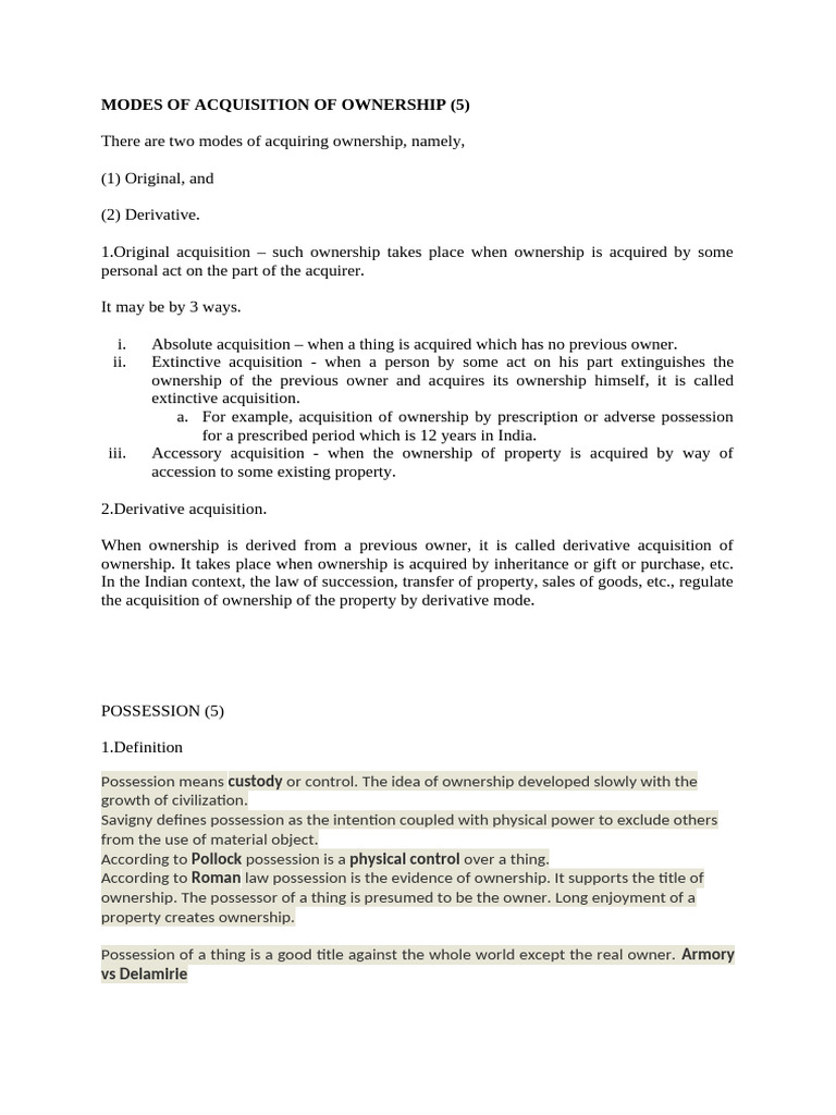 Acquisition of Ownership and Possession Full | PDF