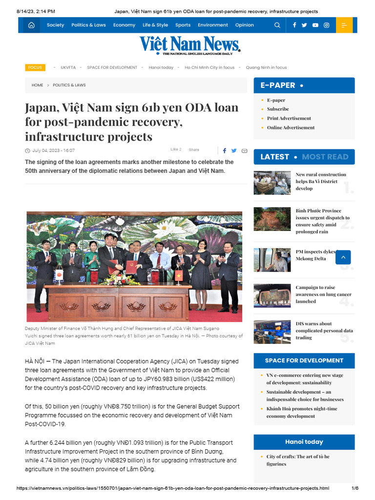 Japan, Việt Nam sign 61b yen ODA loan for post-pandemic recovery ...