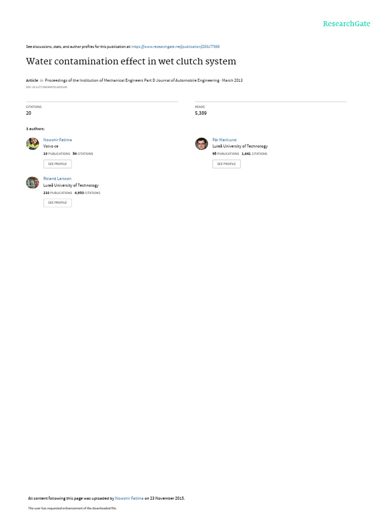 Water Contamination Effect in Wet Clutch System | PDF